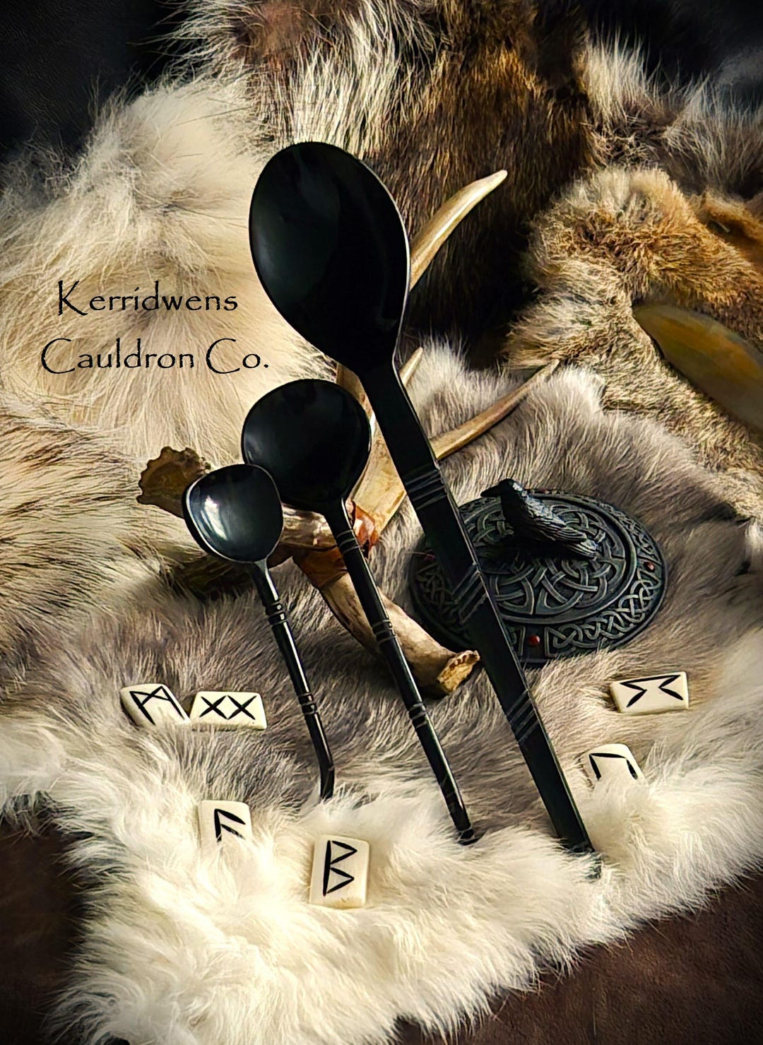 3 Pcs. Kitchen Witch’s Black Spoon Set, Carved Horn, Medieval Kitchen ...