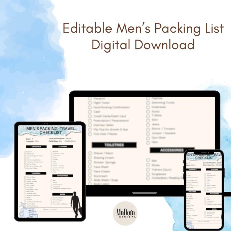 Editable Men’s Travel Packing Checklist | Printable Vacation Packing ...