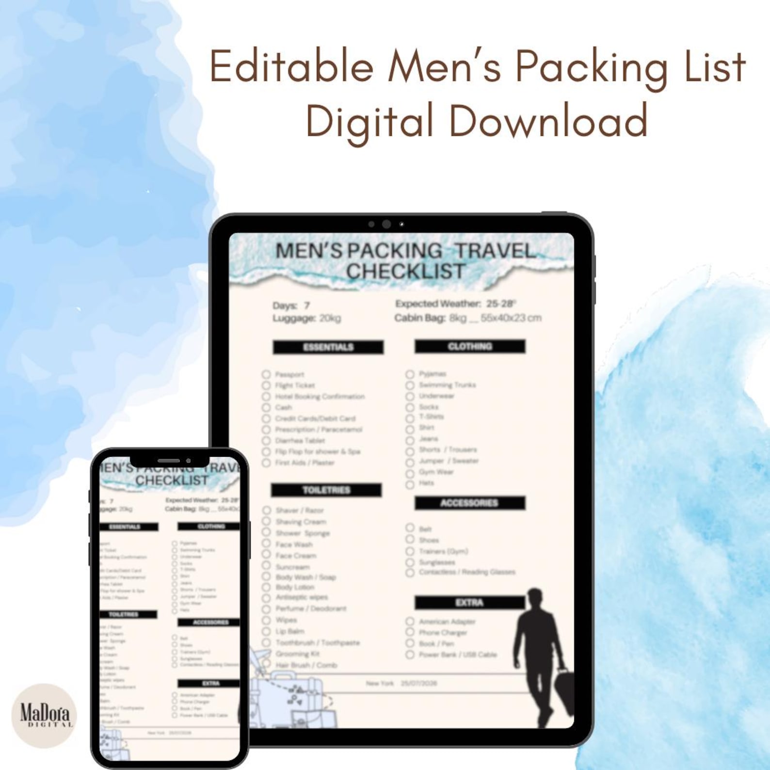 Editable Men’s Travel Packing Checklist | Printable Vacation Packing ...