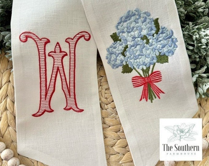 Linen Wreath Sash, Embroidered Hydrangea Monogram, Handmade Decor - Etsy