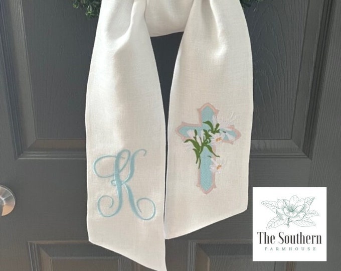 100% Linen Monogrammed Wreath Sash, Basket Sash Easter Lily Cross Hand ...