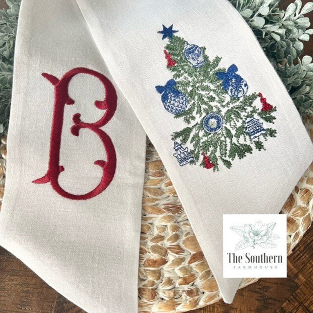 100% Linen Monogrammed Wreath Sash, Basket Sash Chinoiserie Ornaments ...