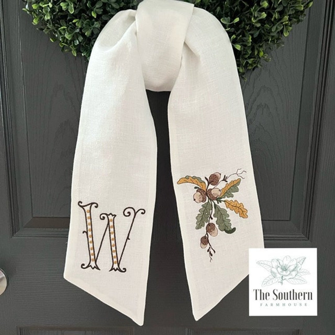 100% Linen Monogrammed Wreath Sash, Basket Sash - Fall Oak Branch ...