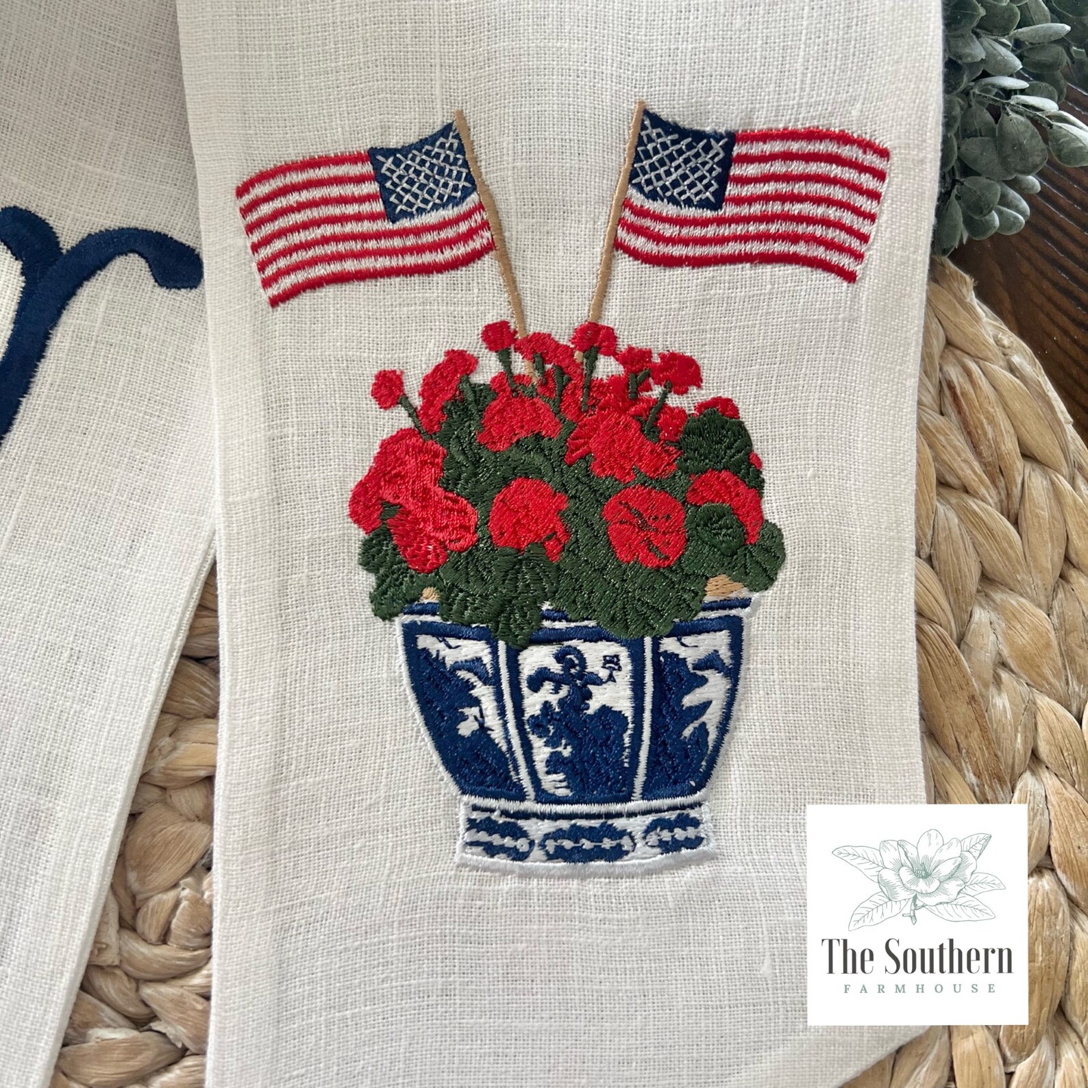 Linen Monogram Wreath Sash, Chinoiserie Geraniums, American Flags - Etsy