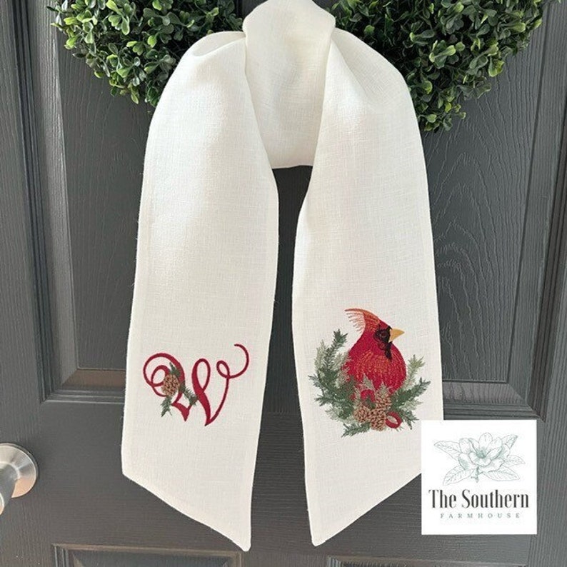 100% Linen Monogrammed Wreath Sash, Basket Sash Christmas Cardinal ...