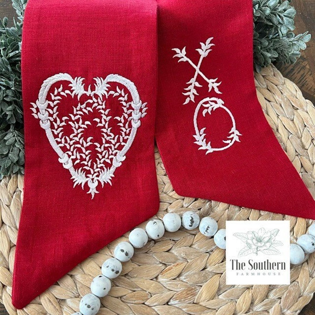 100% Linen Monogrammed Wreath Sash, Basket Sash - Red Vintage Heart ...