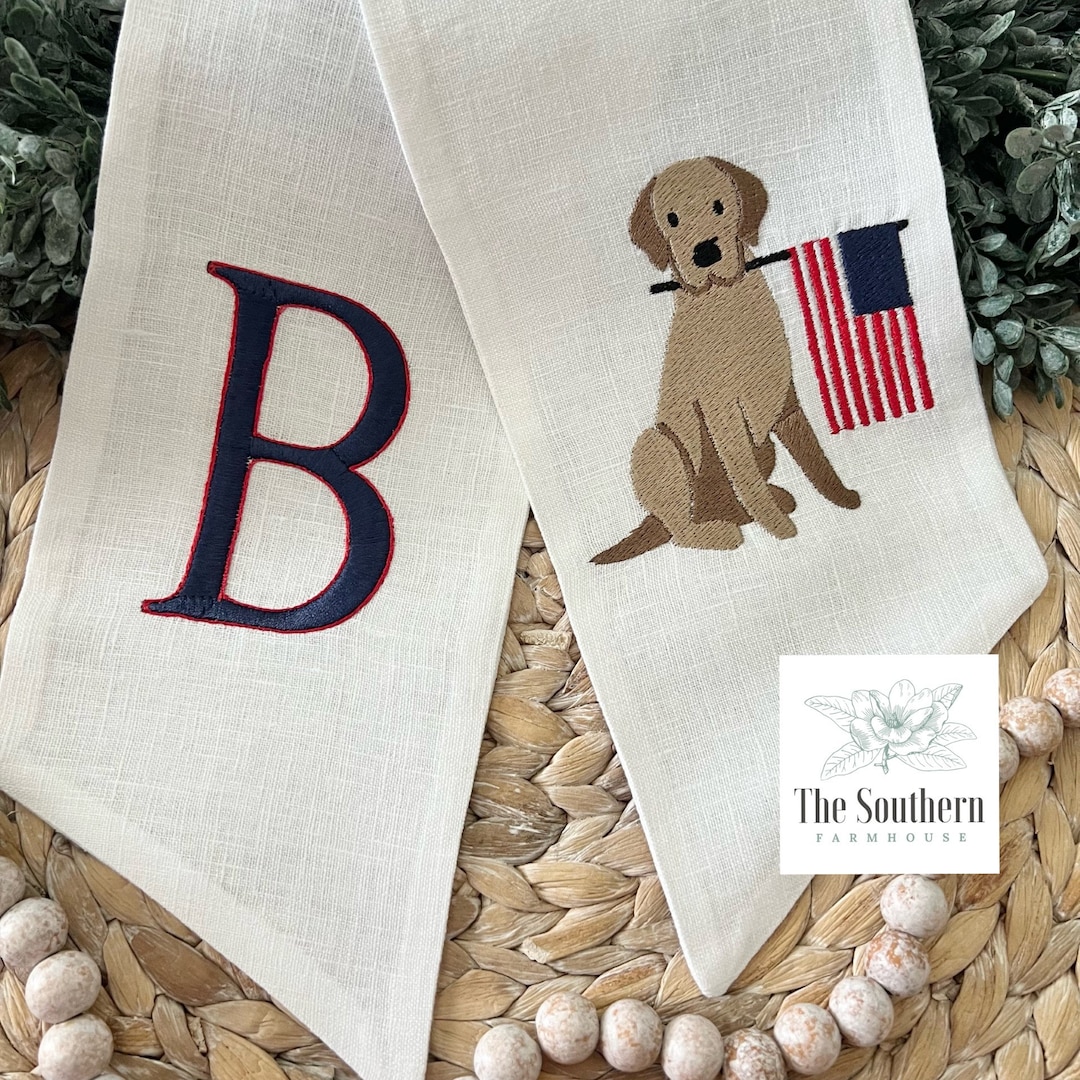 100% Linen Monogrammed Wreath Sash, Basket Sash - Patriotic Pup With ...