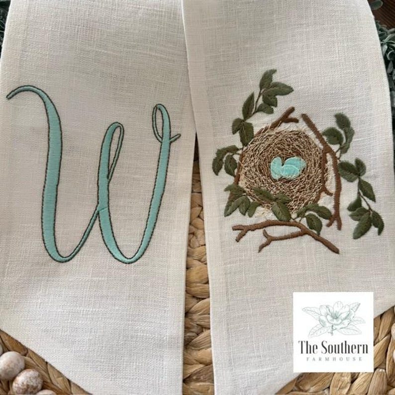 Linen Wreath Sash, Embroidered Robin Nest Monogram, Spring Decor - Etsy