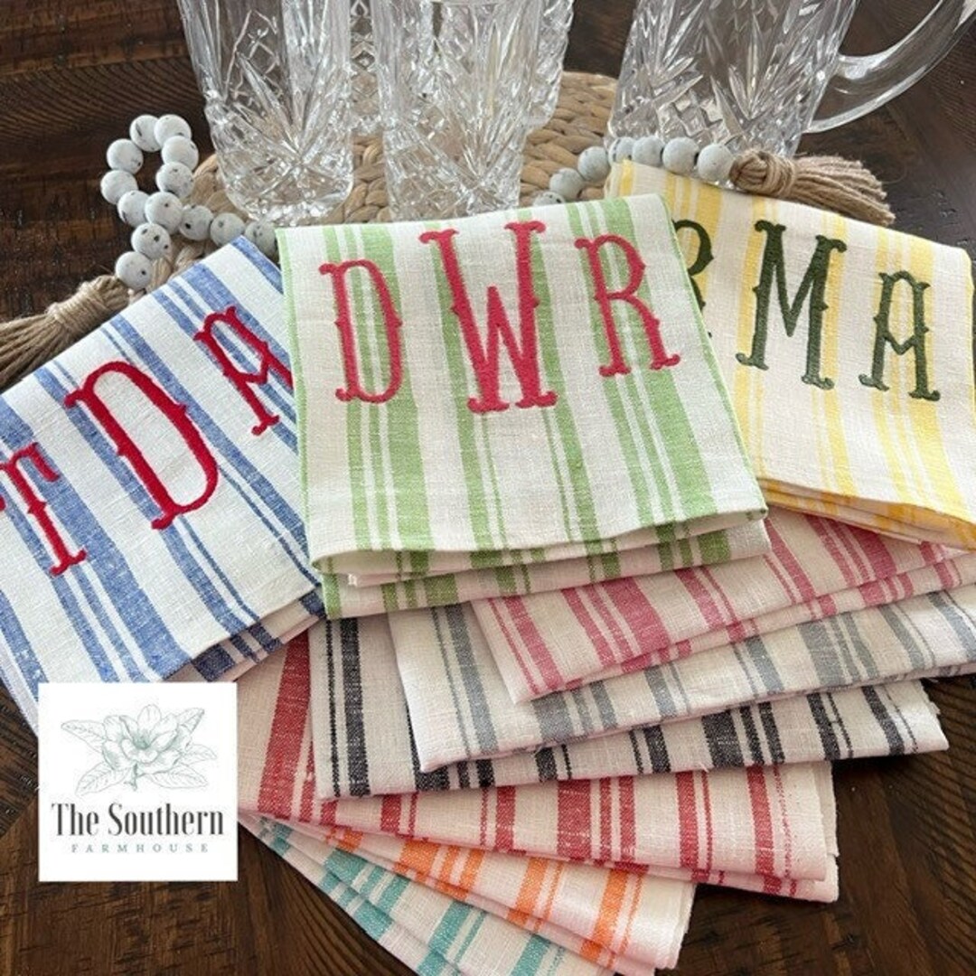 100% Linen Monogrammed Tea Towel Striped Monogram Tea Towel 18 X 24 ...