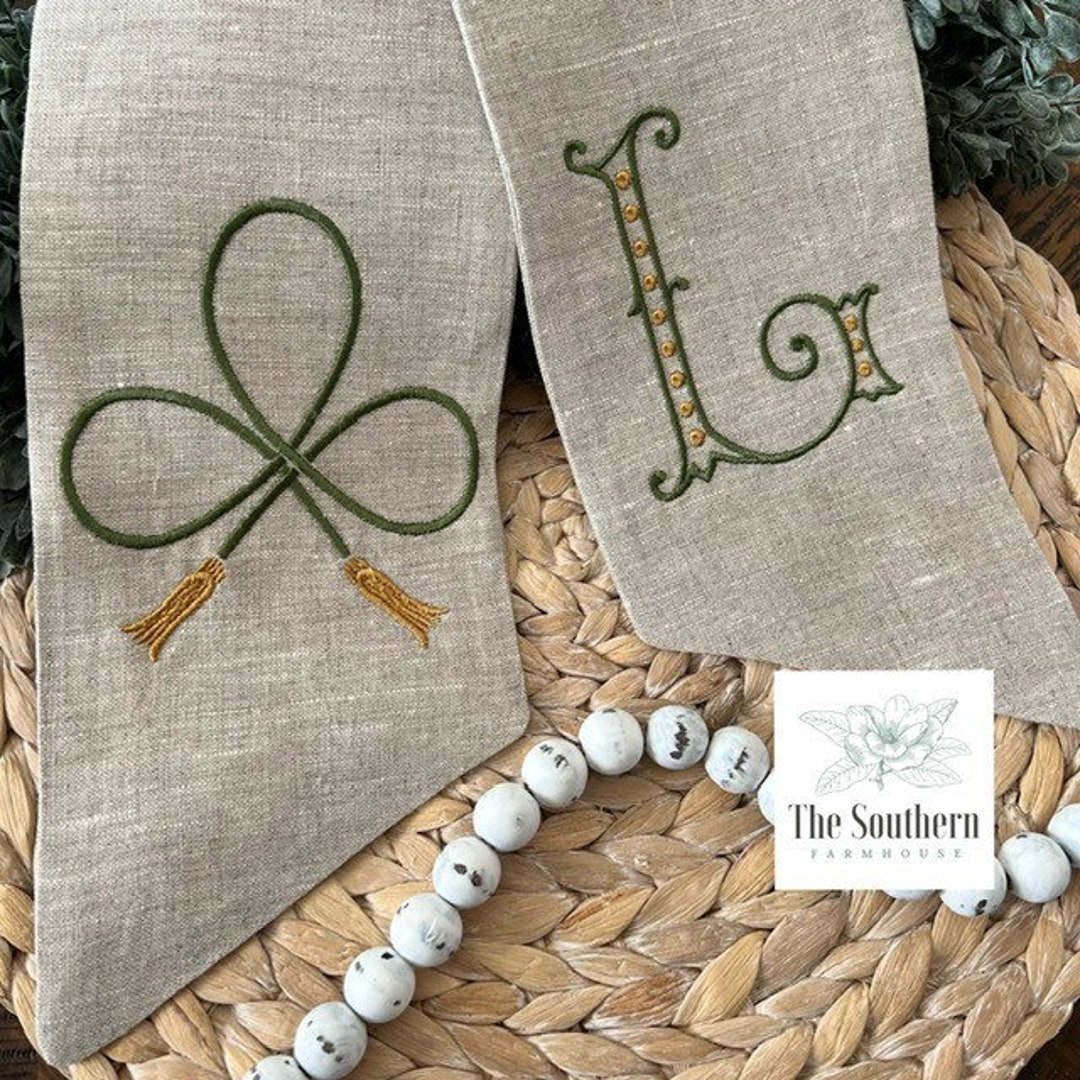 Linen Monogram Wreath Sash, Embroidered Shamrock St. Patrick's Day ...