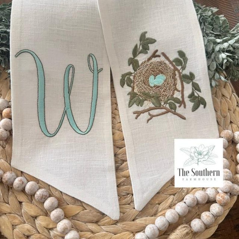 Linen Wreath Sash, Embroidered Robin Nest Monogram, Spring Decor - Etsy
