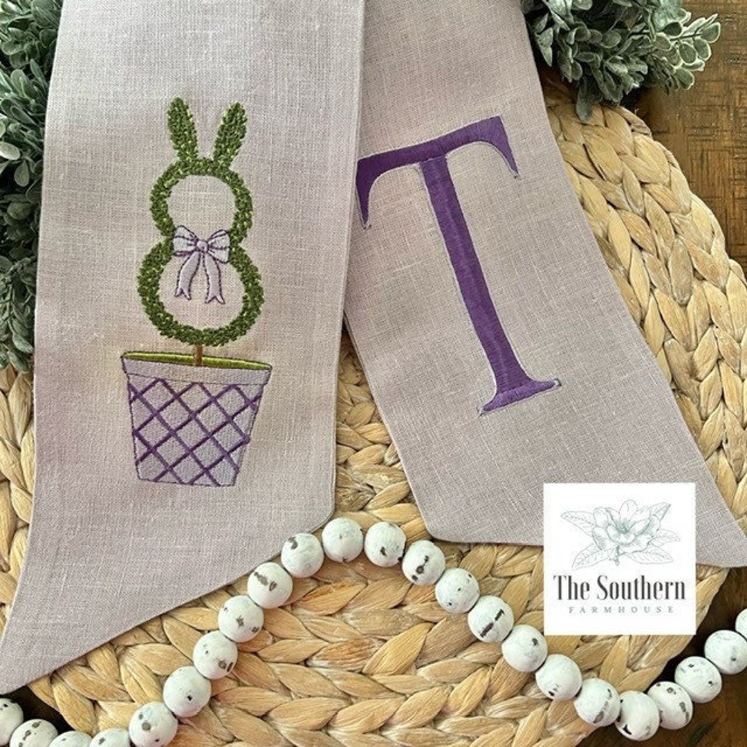 100% Linen Monogrammed Wreath Sash, Basket Sash - Boxwood Bunny ...