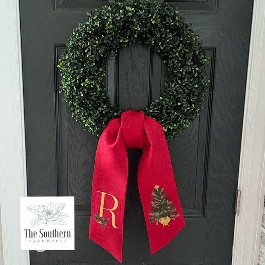 100% Linen Monogrammed Wreath Sash, Basket Sash - Oh Christmas Tree Monogram - Christmas Wreath ...