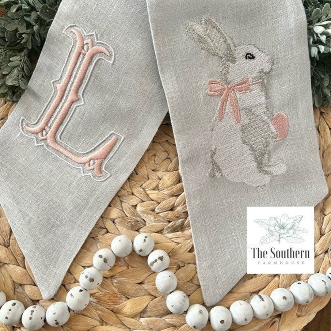 100% Linen Monogrammed Wreath Sash, Basket Sash - Vintage Easter Bunny ...