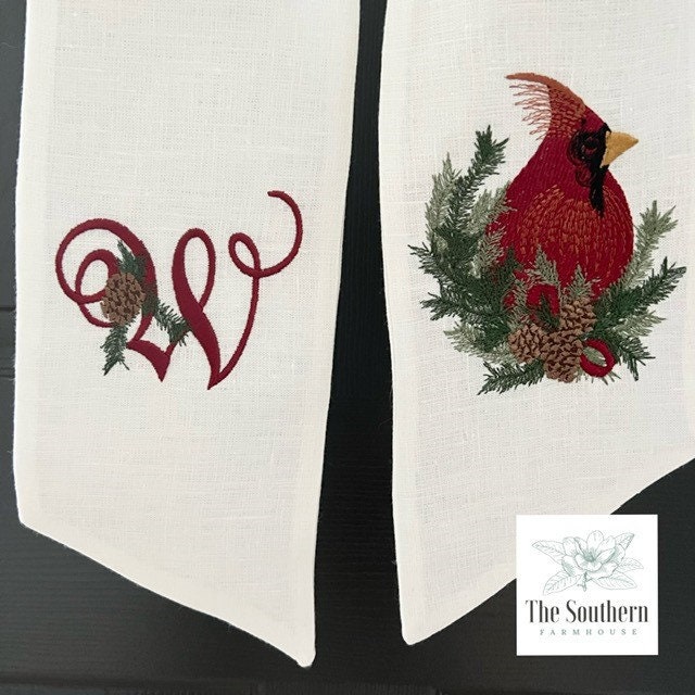 100% Linen Monogrammed Wreath Sash, Basket Sash Christmas Cardinal ...