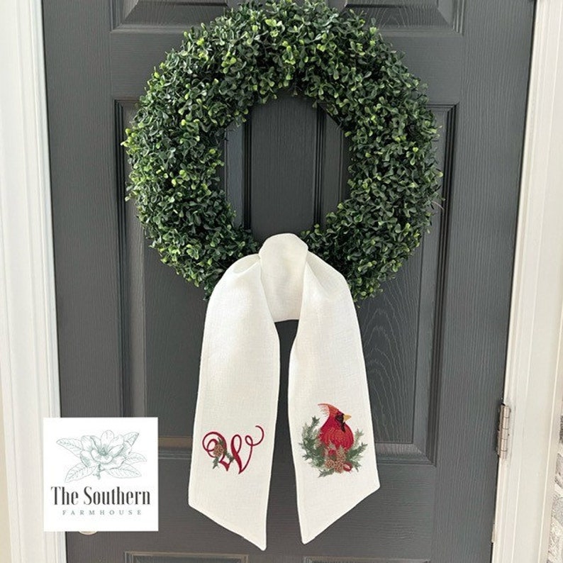 100% Linen Monogrammed Wreath Sash, Basket Sash Christmas Cardinal ...