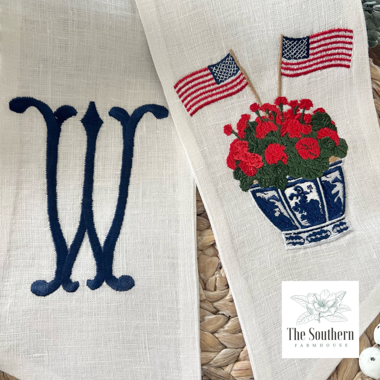Linen Monogram Wreath Sash, Chinoiserie Geraniums, American Flags - Etsy