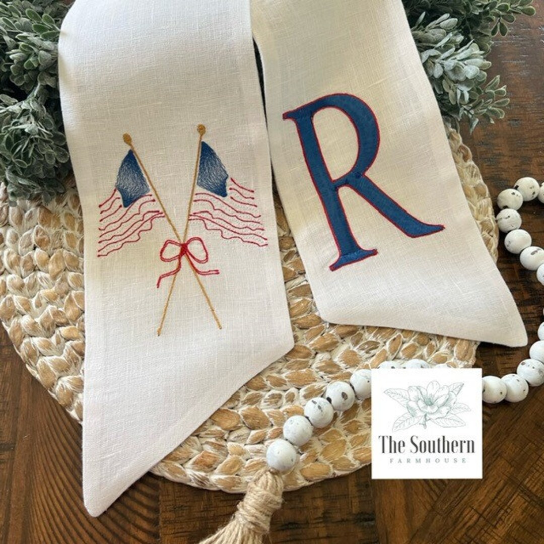 Linen Wreath Sash, Embroidered American Flags, Monogrammed Basket Scarf ...