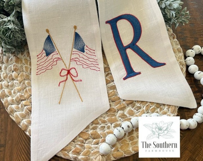 100% Linen Monogrammed Wreath Sash, Basket Sash -sketched American Flags With Monogram - Hand ...
