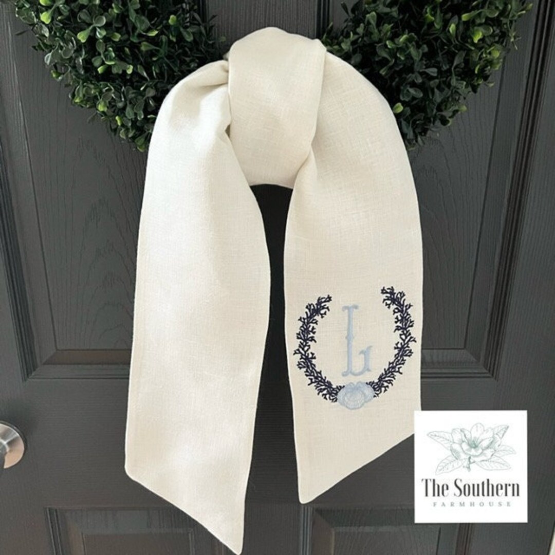 Monogrammed Linen Wreath Sash, Coral Seashell Crest, Coastal Decor - Etsy