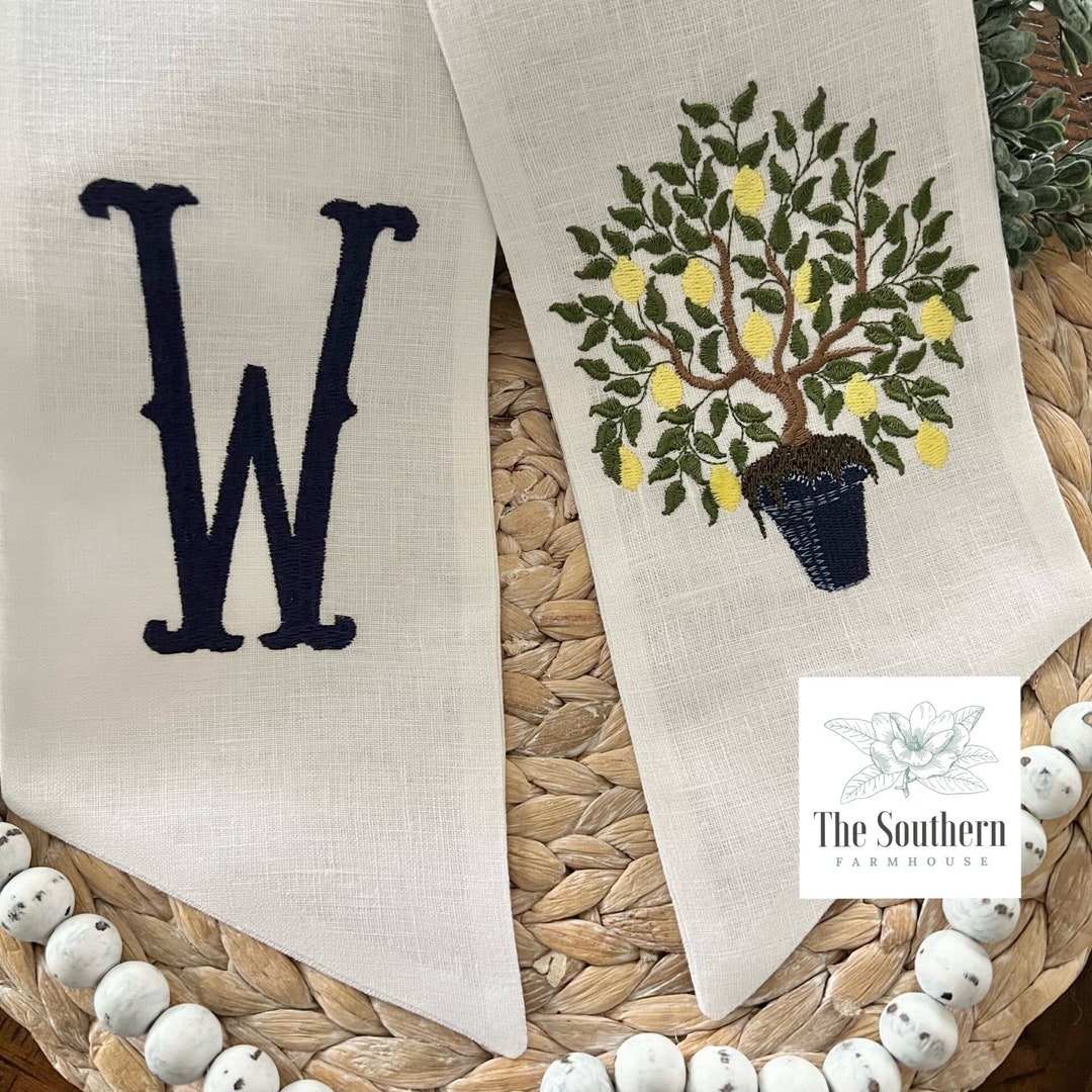 100% Linen Monogrammed Wreath Sash, Basket Sash - Lemon Tree Monogram ...