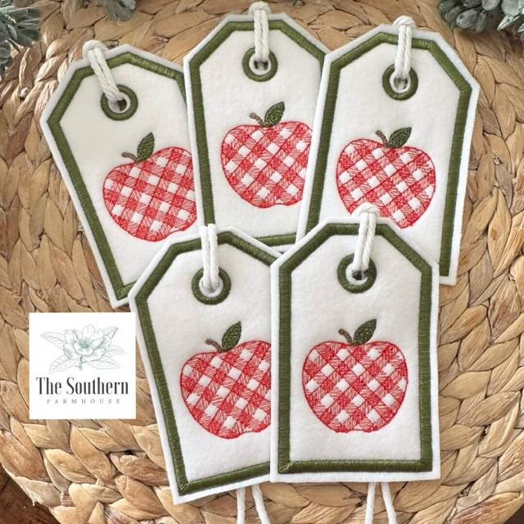 Reusable Embroidered Gift Tags - Gingham Apples - Etsy