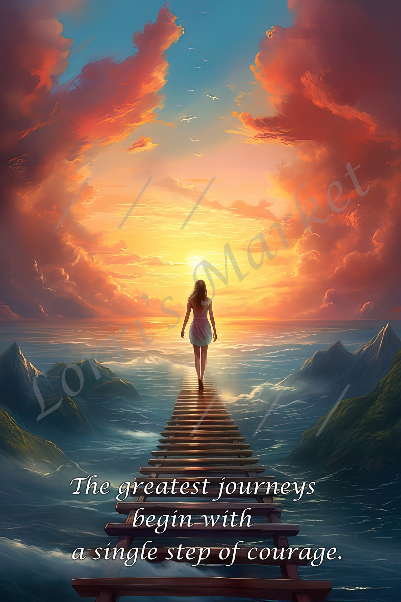 Single Step of Courage Art: Woman's Journey Across Ocean Stairway ...