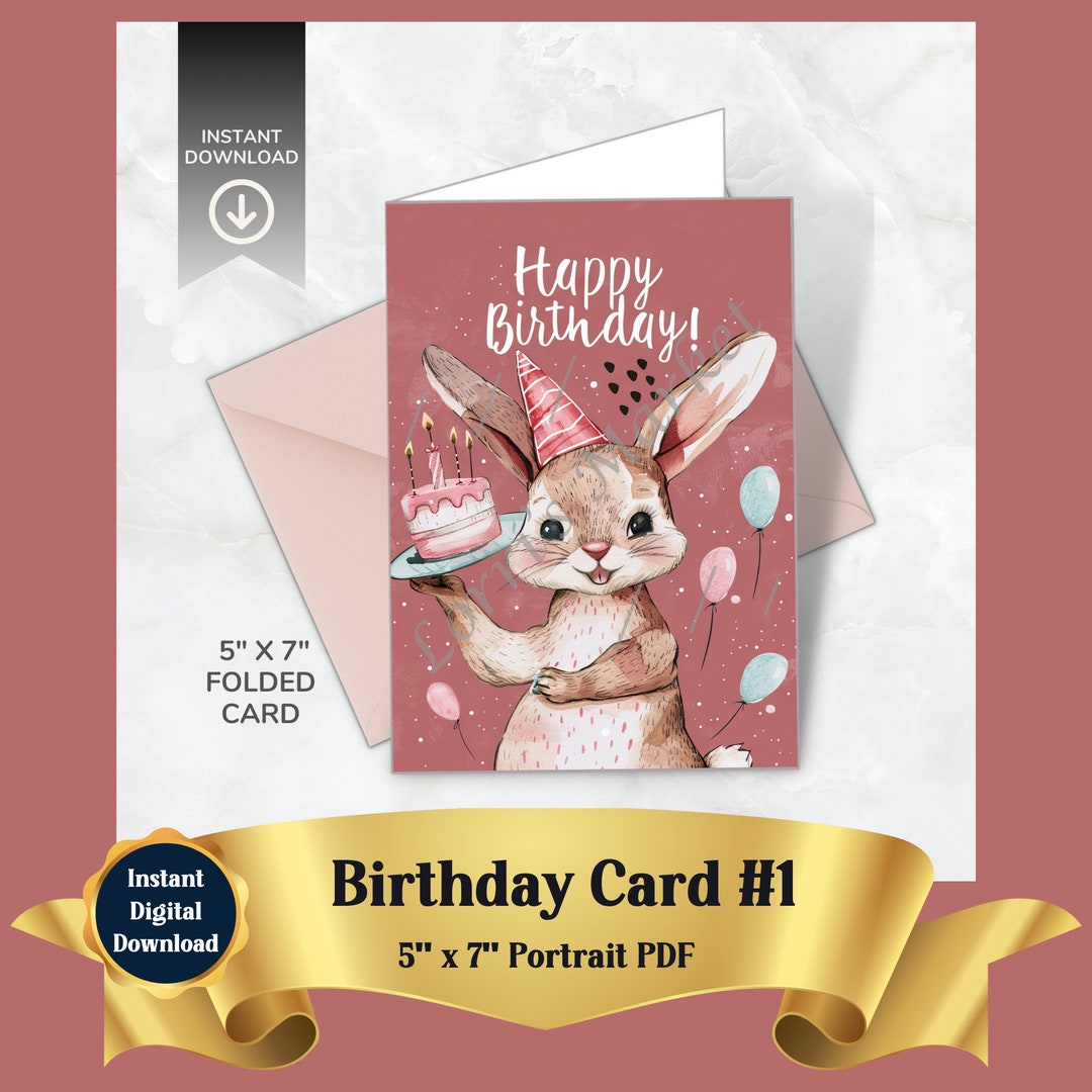 Printable Bunny Rabbit Birthday Card Digital Download: Festive Greeting ...