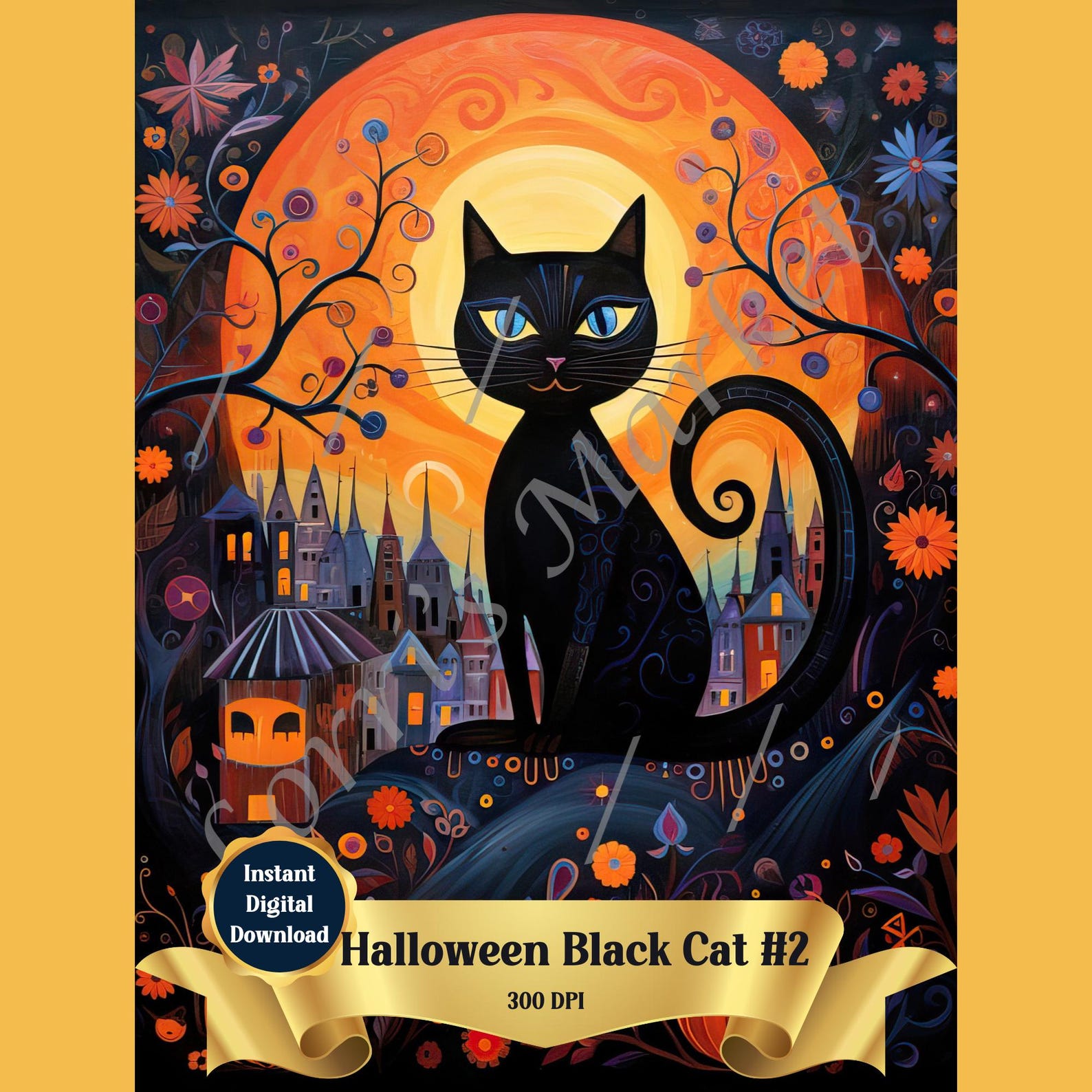 Halloween Black Cat Art Digital Download: Enchanted Town and Pumpkins ...