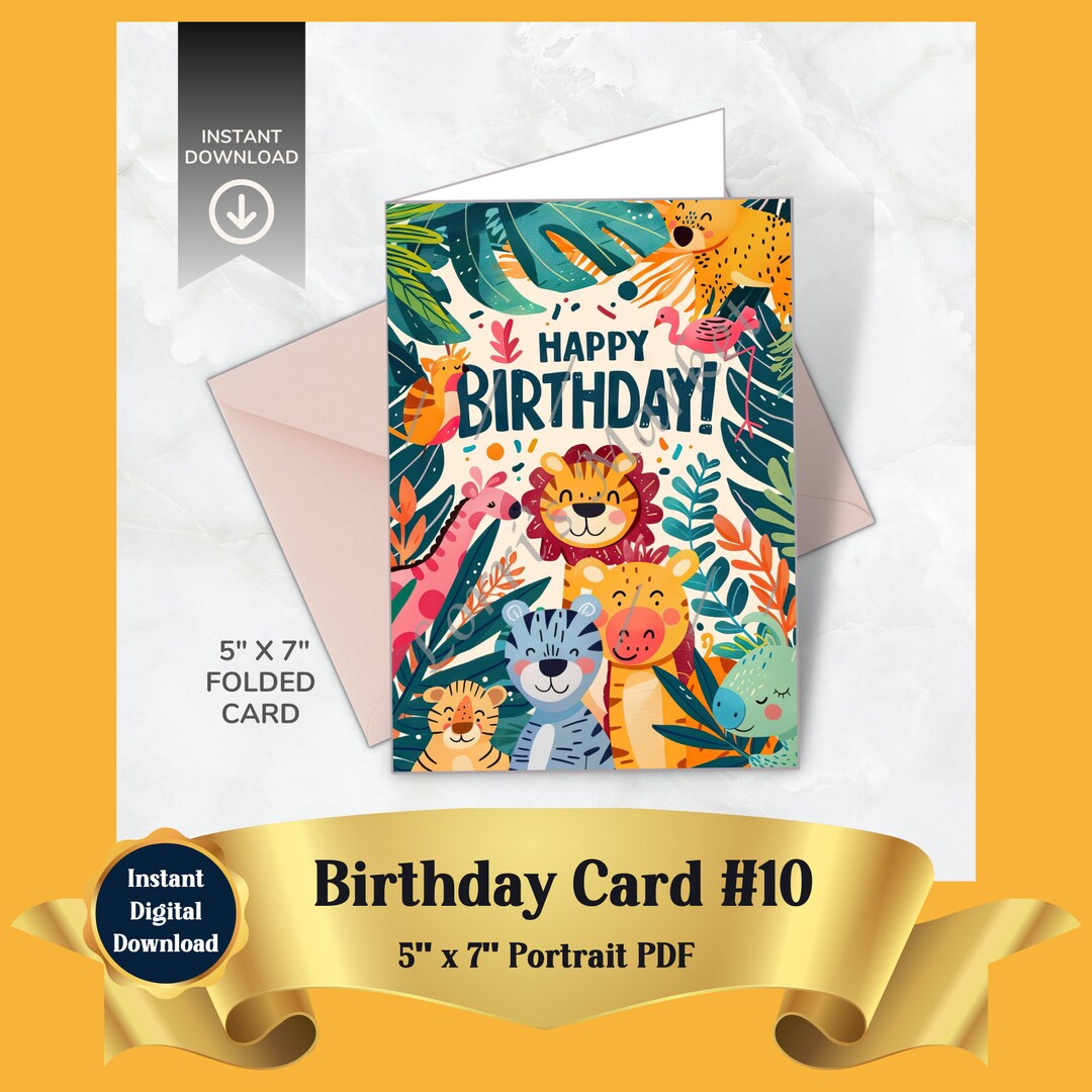 Printable Animals Birthday Card Digital Download: Festive Greeting Card ...