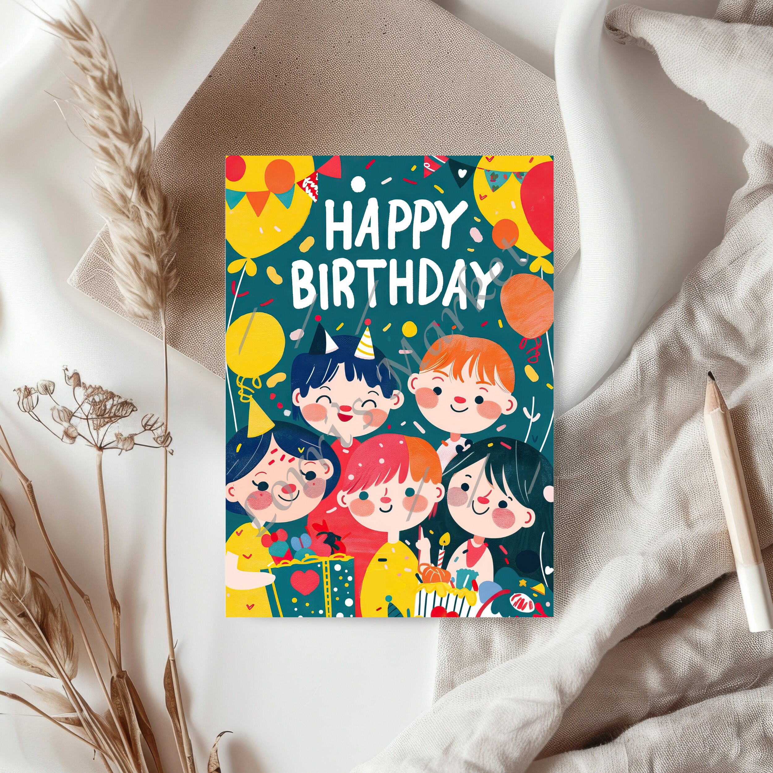 Printable Kids Birthday Card Digital Download: Festive Greeting Card ...