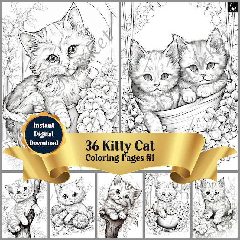 Printable Kitty Cat Coloring Pages Digital Download: Cute Cat ...