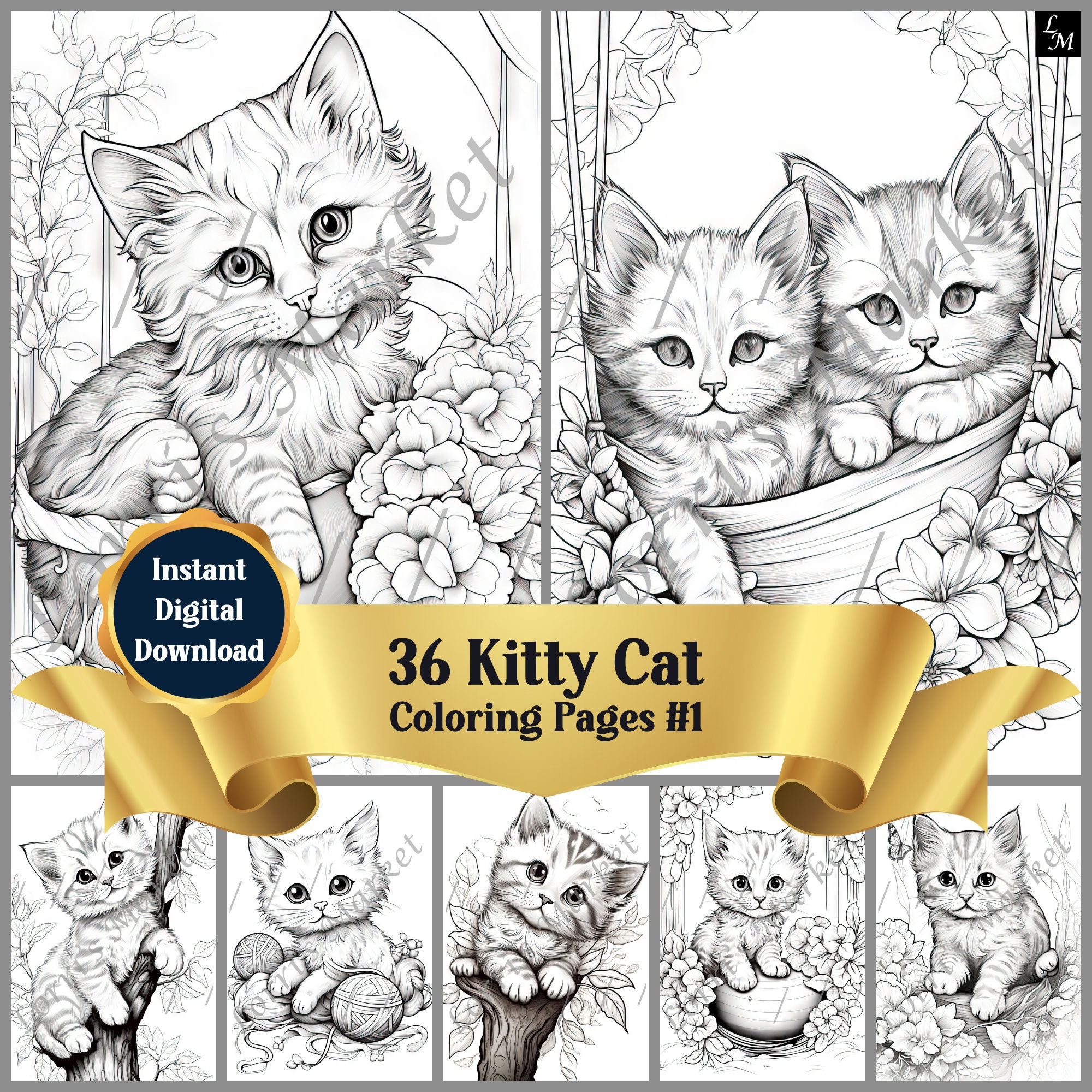Printable Kitty Cat Coloring Pages Digital Download: Cute Cat ...