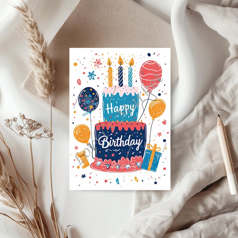 Printable Birthday Card Digital Download: Festive Greeting Card for All ...