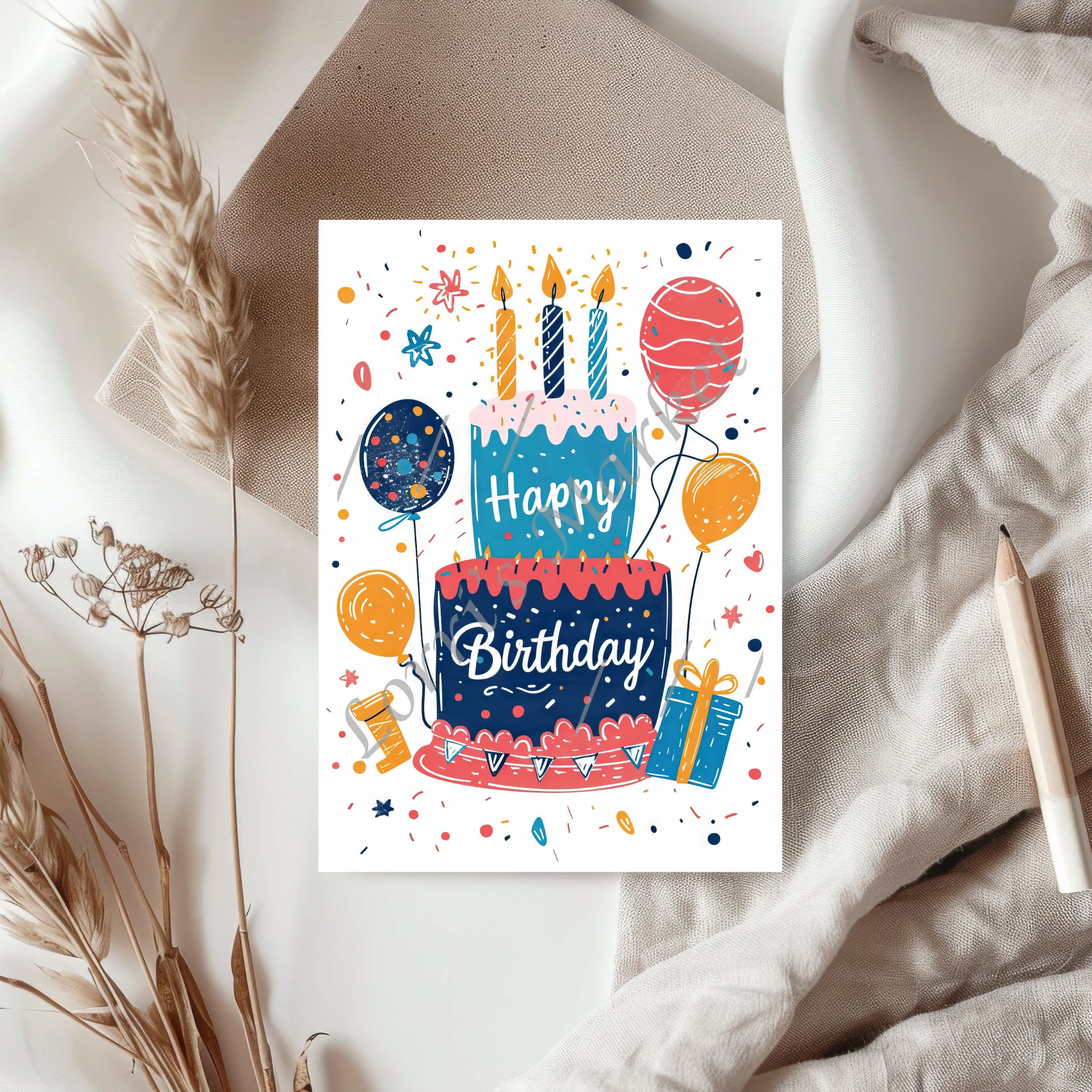 Printable Birthday Card Digital Download: Festive Greeting Card for All ...