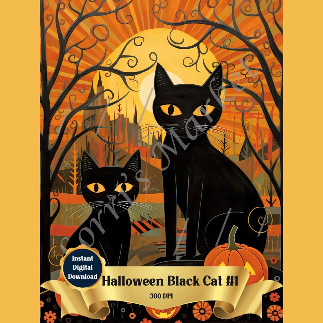 Halloween Black Cat Art Print With Two Cats Digital Download: Pumpkins ...
