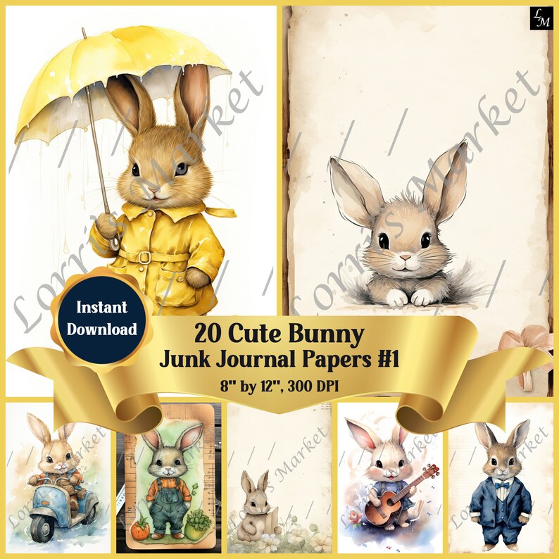 Vintage Bunny Craft Papers: 20 Watercolor Digital Prints for Springtime ...
