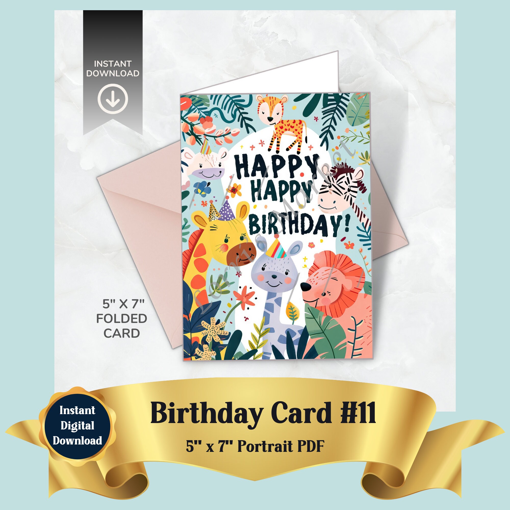 Printable Animals Birthday Card Digital Download: Festive Greeting Card ...