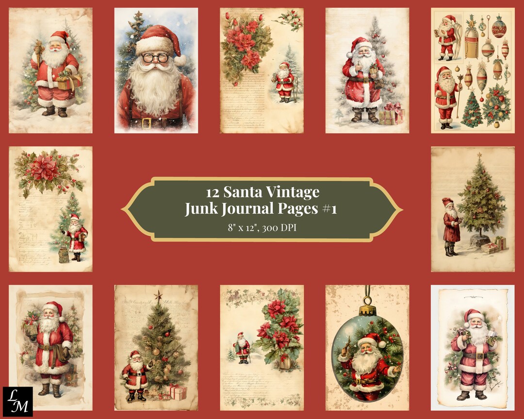 Vintage Santa Junk Journal Pages Digital Download: 12 Classic Yuletide ...