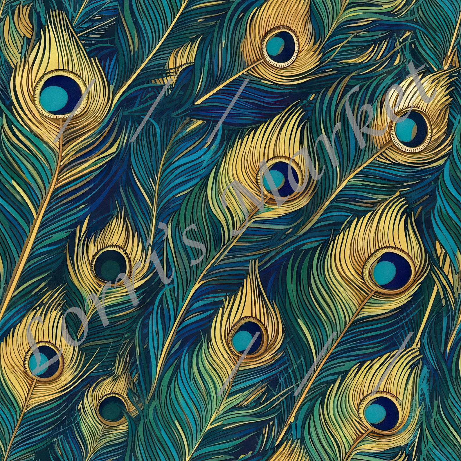 Elegant Peacock Feather Seamless Patterns Digital Download: High ...