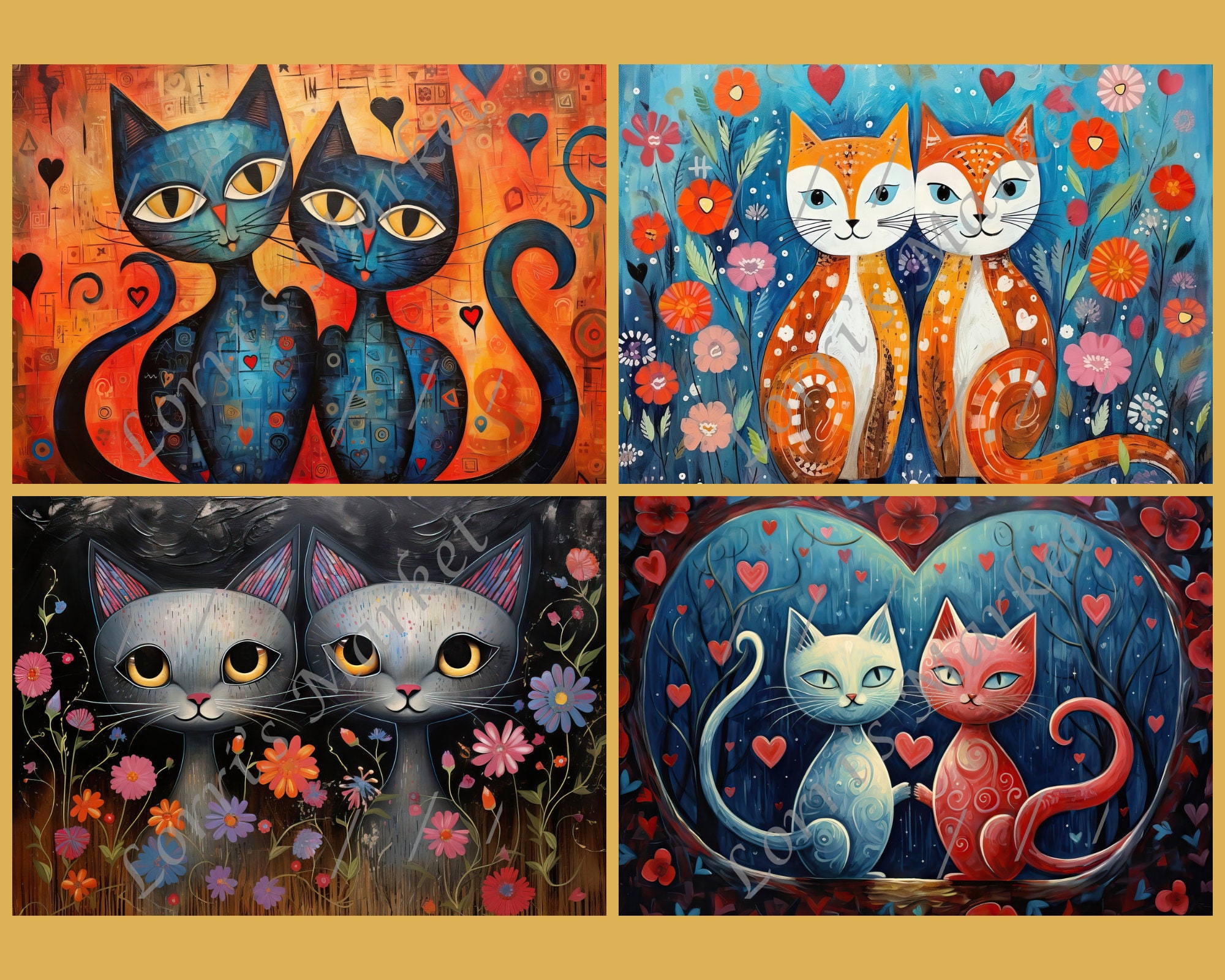 Whimsical Cat Couples Art Collection Digital Download: Charming Feline ...