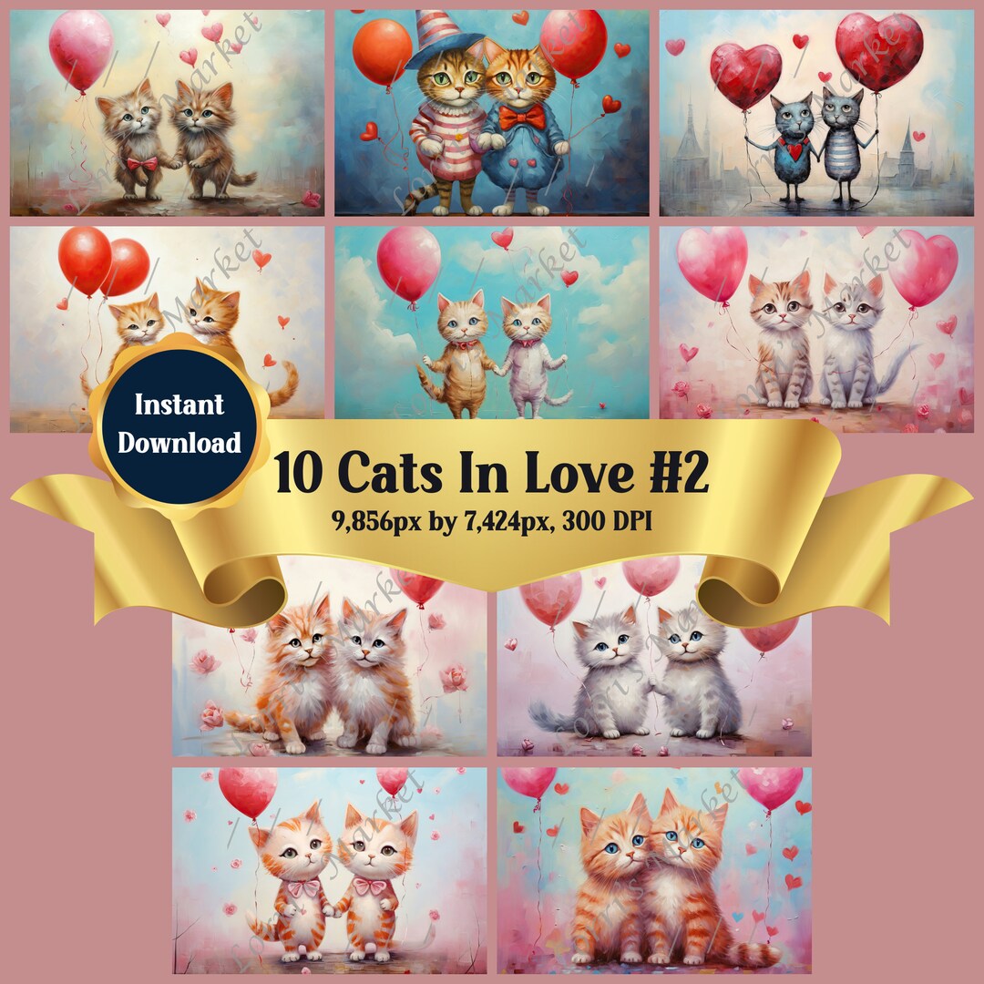Whimsical Valentine's Cats Printable Art Collection Digital Download ...