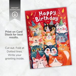 Printable Cats Birthday Card Digital Download: Festive Greeting Card ...