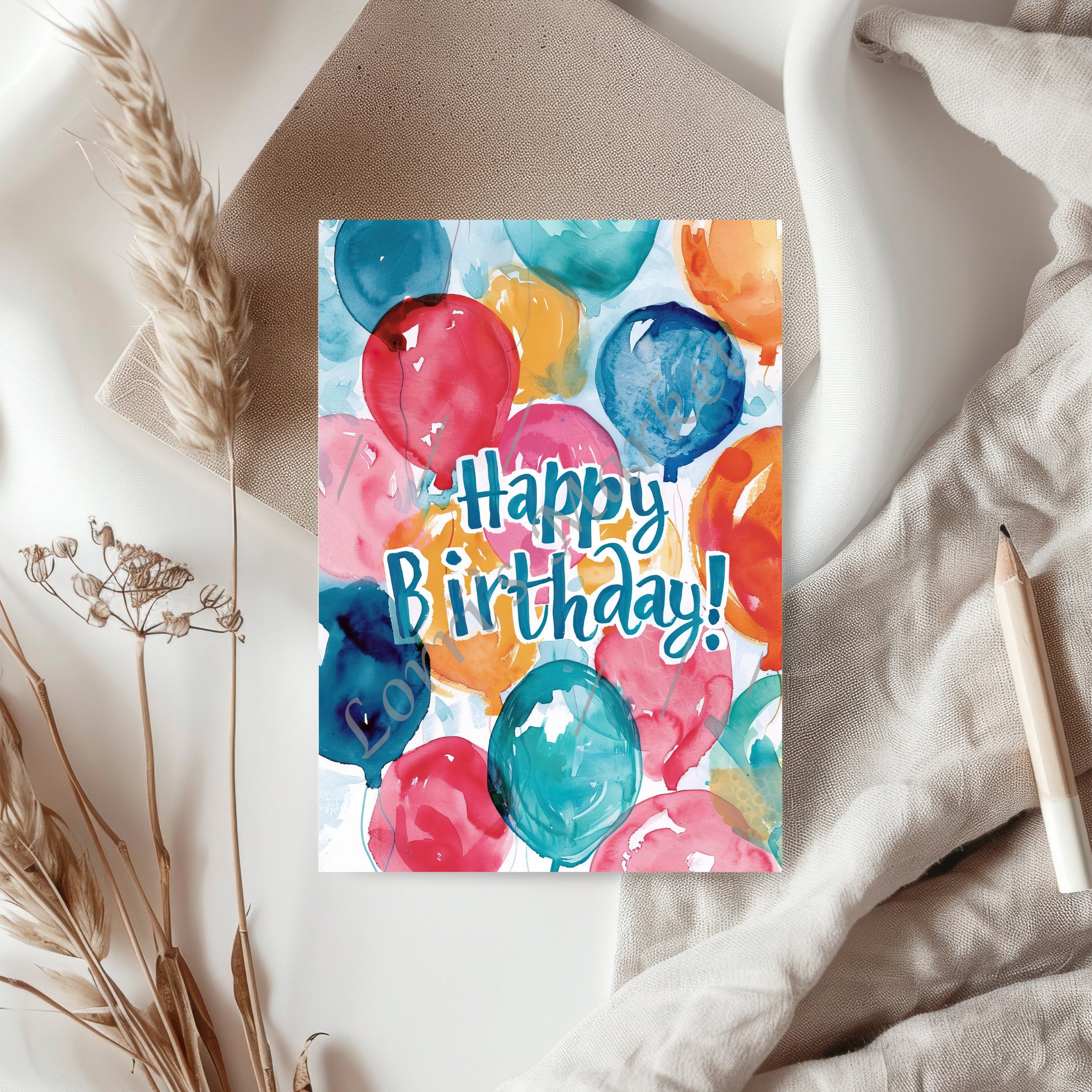 Printable Balloons Birthday Card Digital Download: Festive Greeting ...