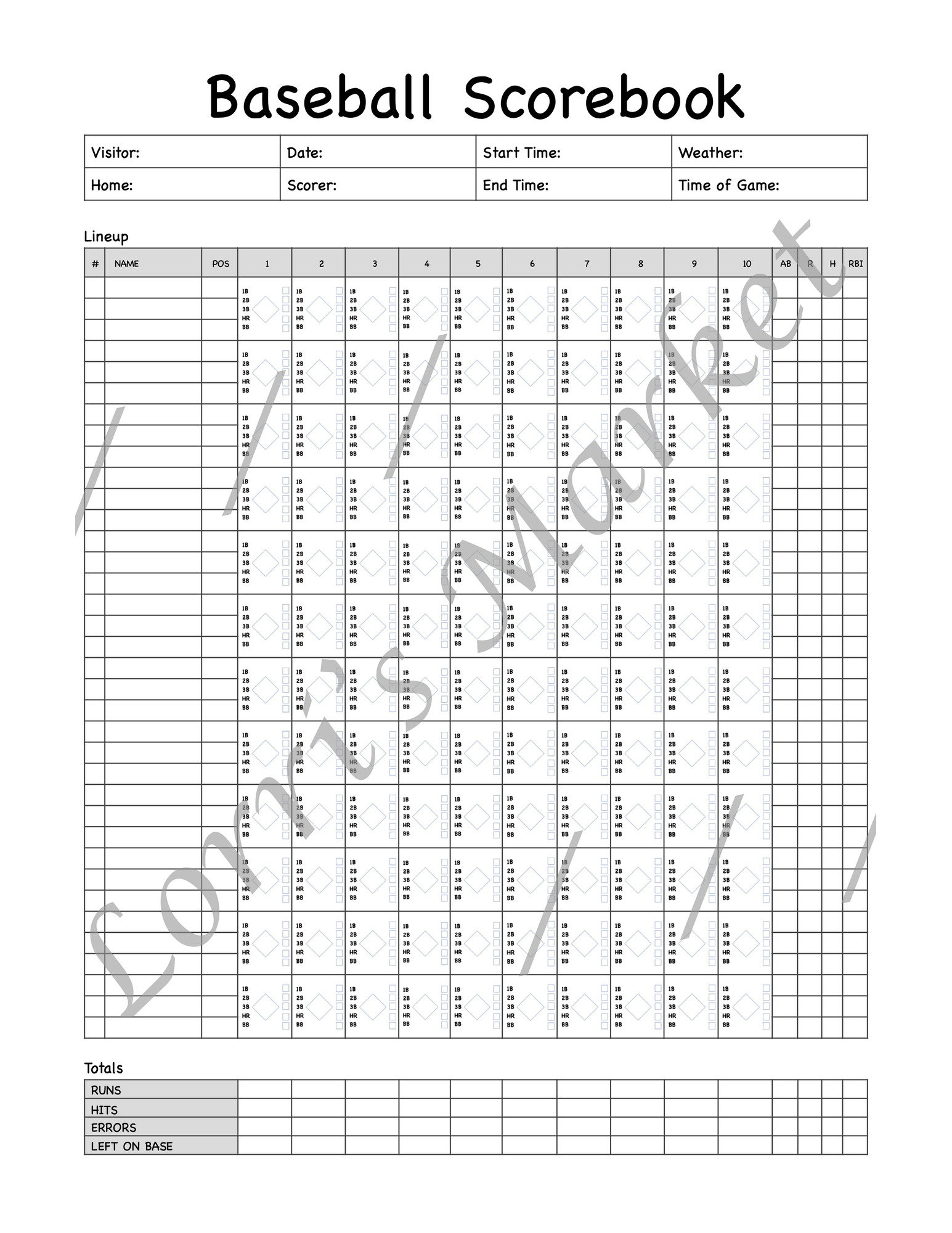 Baseball Scorebook Pages Digital Download: Major League, Minor League ...