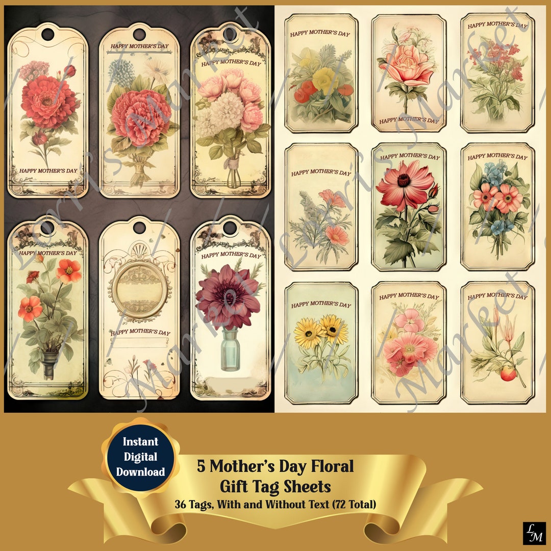Vintage Mother's Day Floral Gift Tags Collection Digital Download: 36 ...