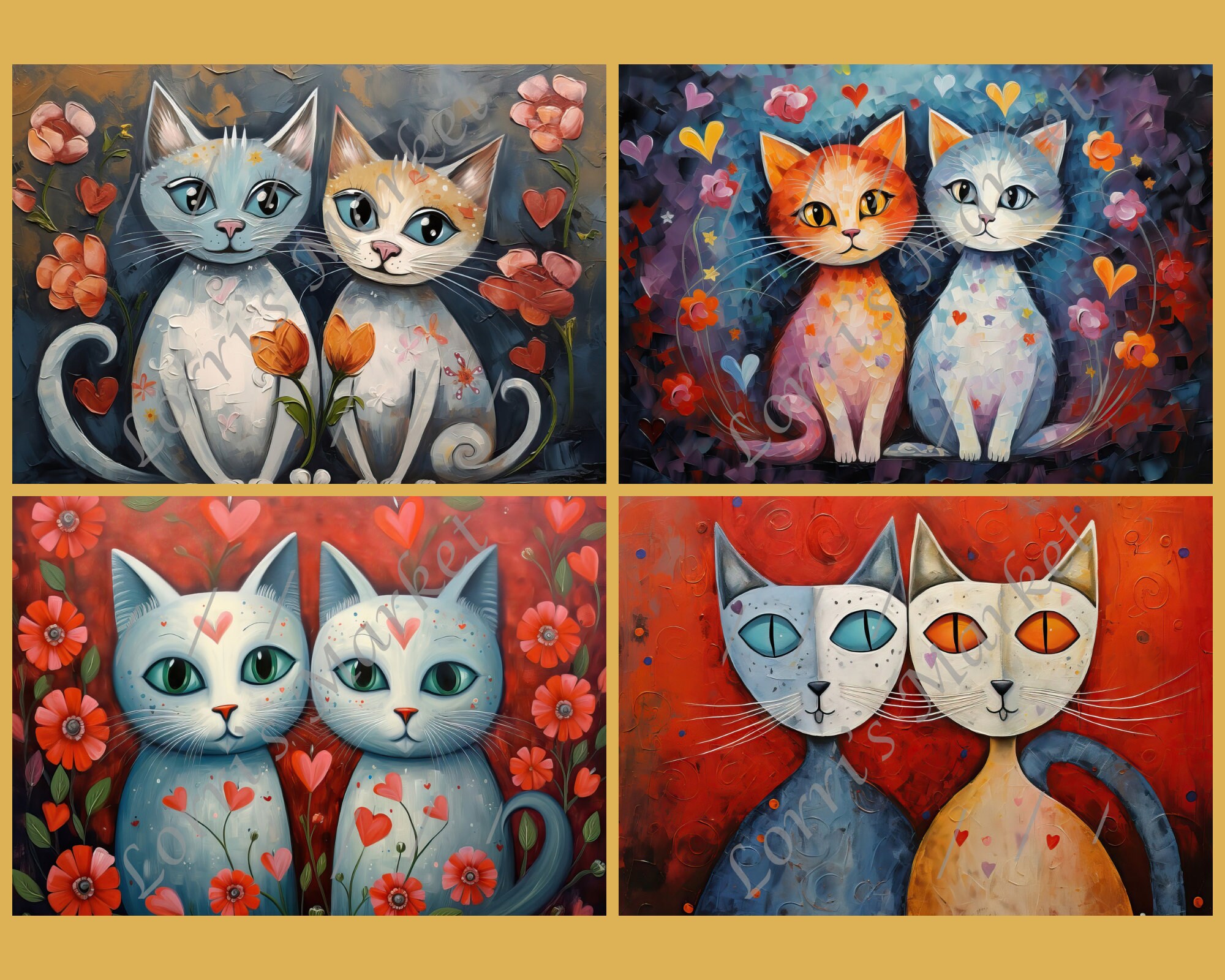 Whimsical Cat Couples Art Collection Digital Download: Charming Feline ...