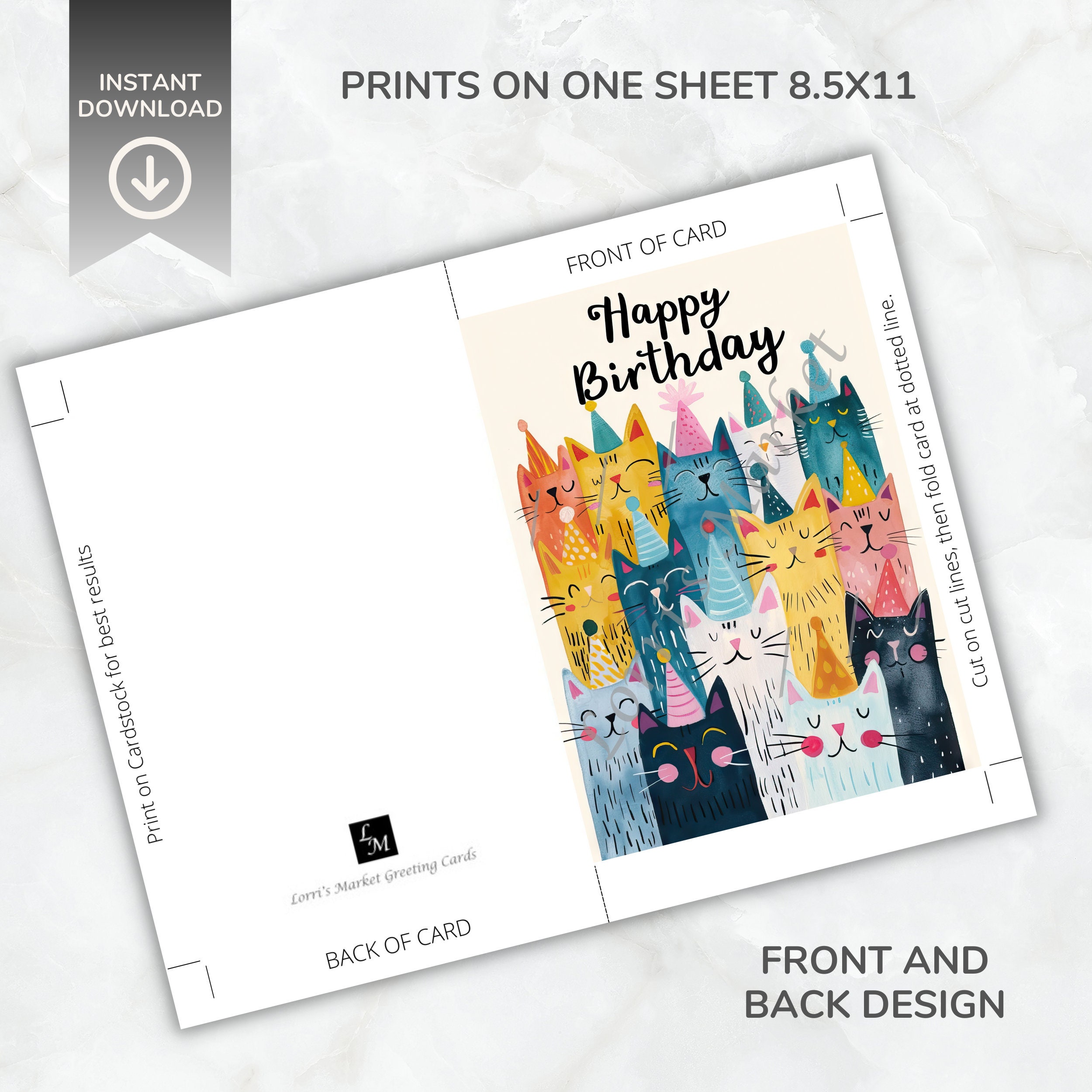 Printable Cats Birthday Card Digital Download: Festive Greeting Card ...