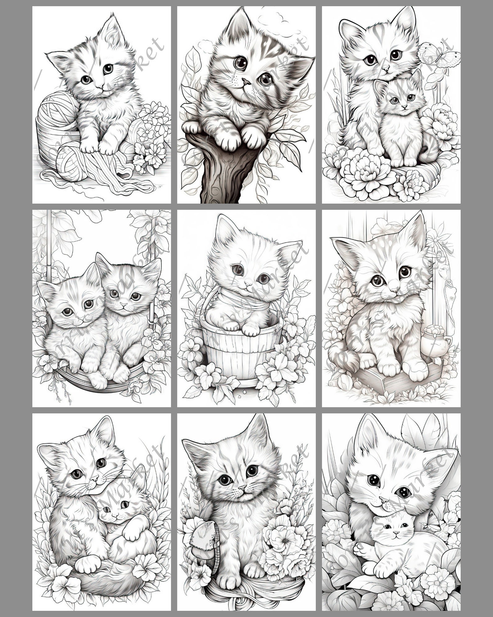 Printable Kitty Cat Coloring Pages Digital Download: Cute Cat ...