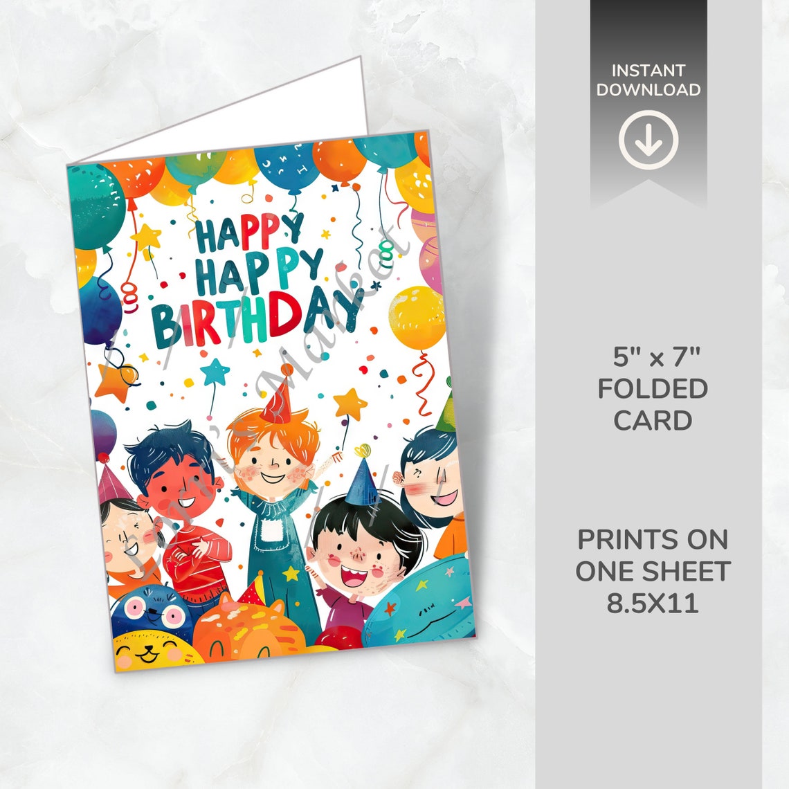Printable Kids Birthday Card Digital Download: Festive Greeting Card ...